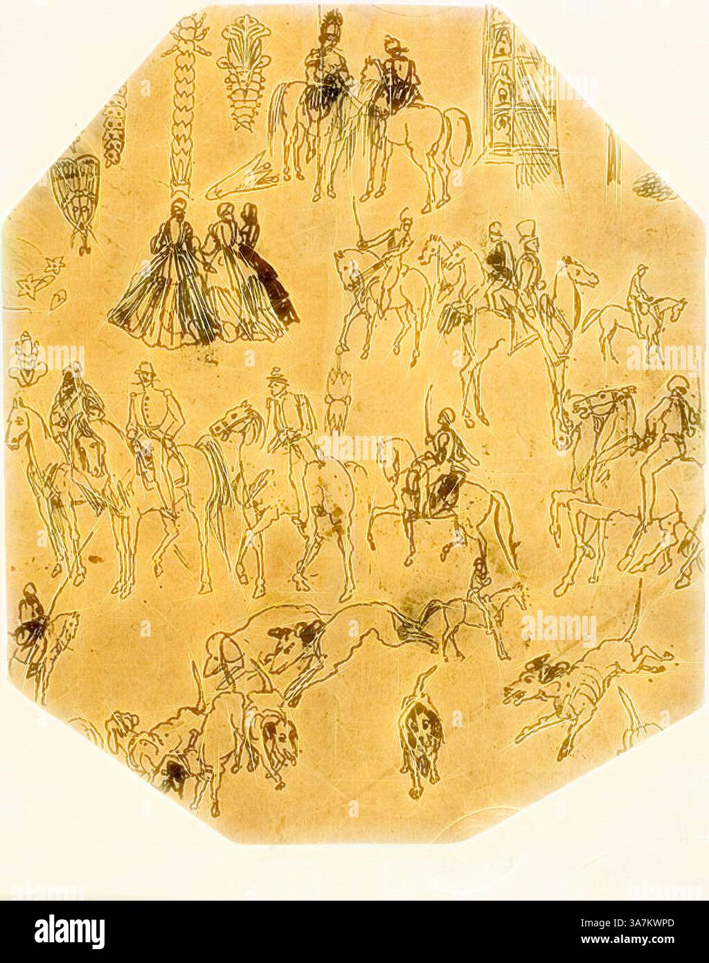 A collection of intricate drawings depicting figures on horseback ...