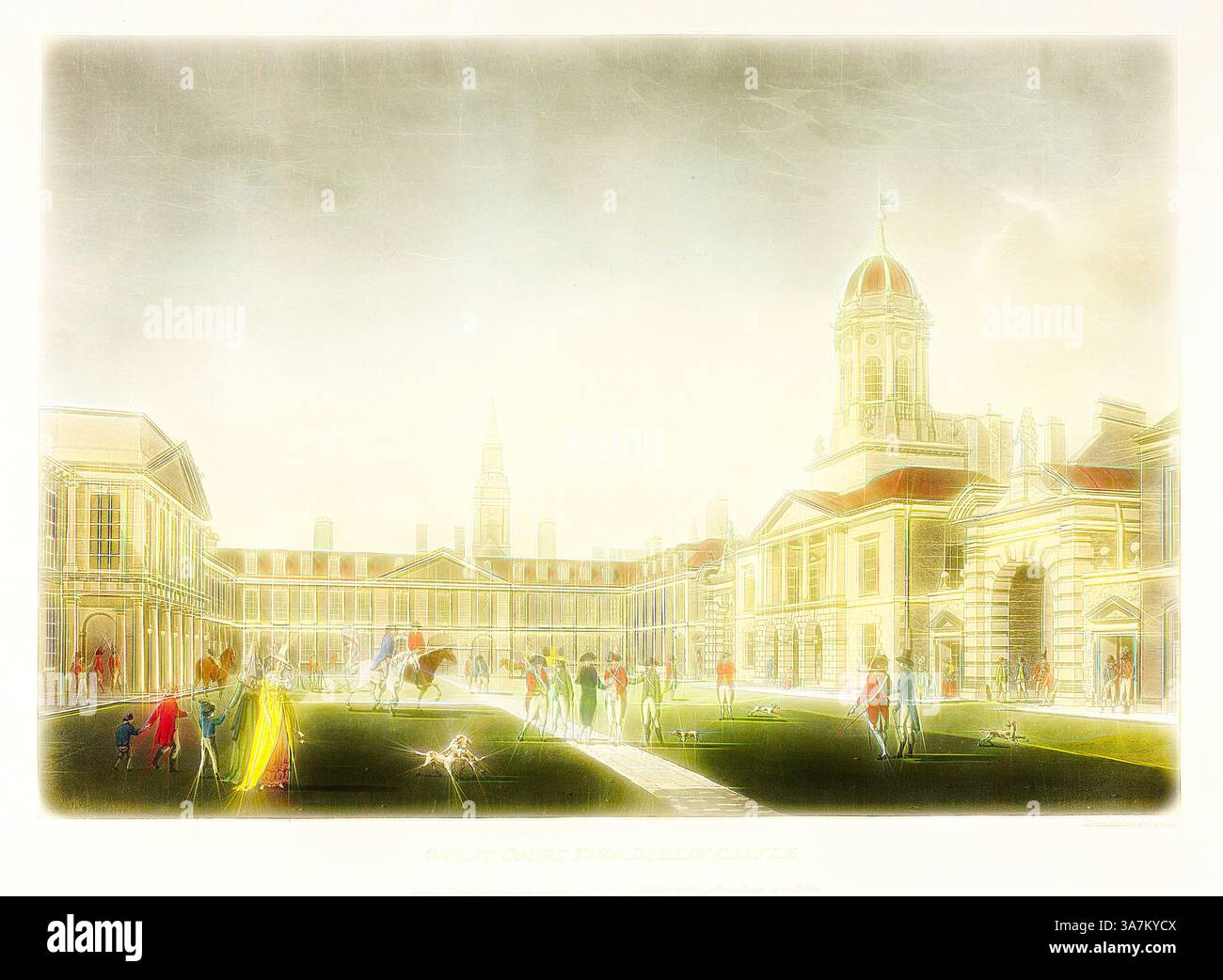 A bustling courtyard scene features elegantly dressed figures mingling ...