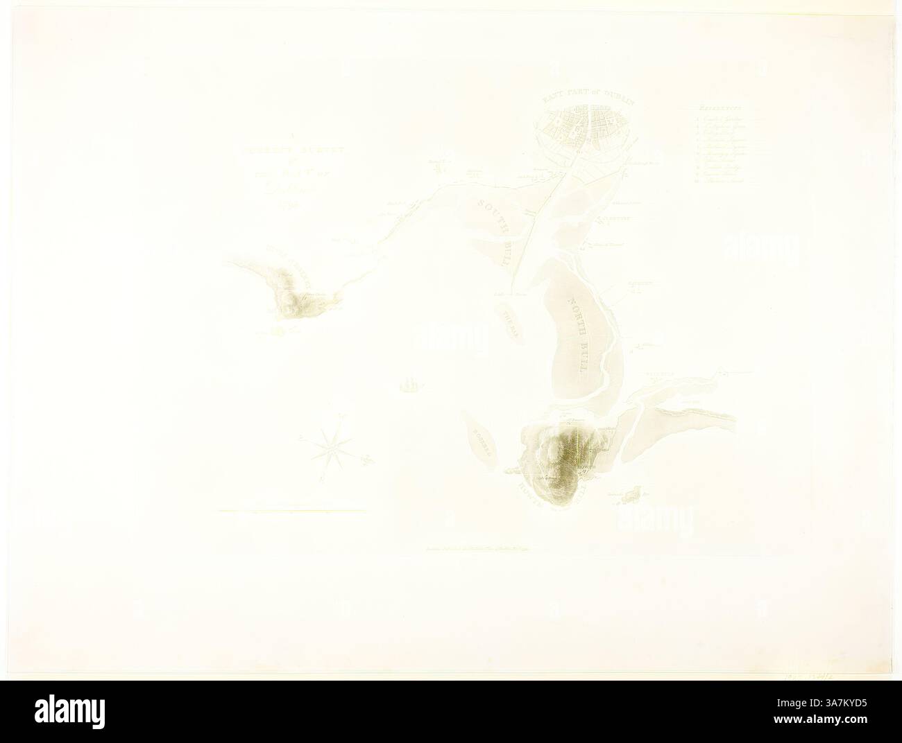 A vintage map depicting a coastal area with various landforms, water ...
