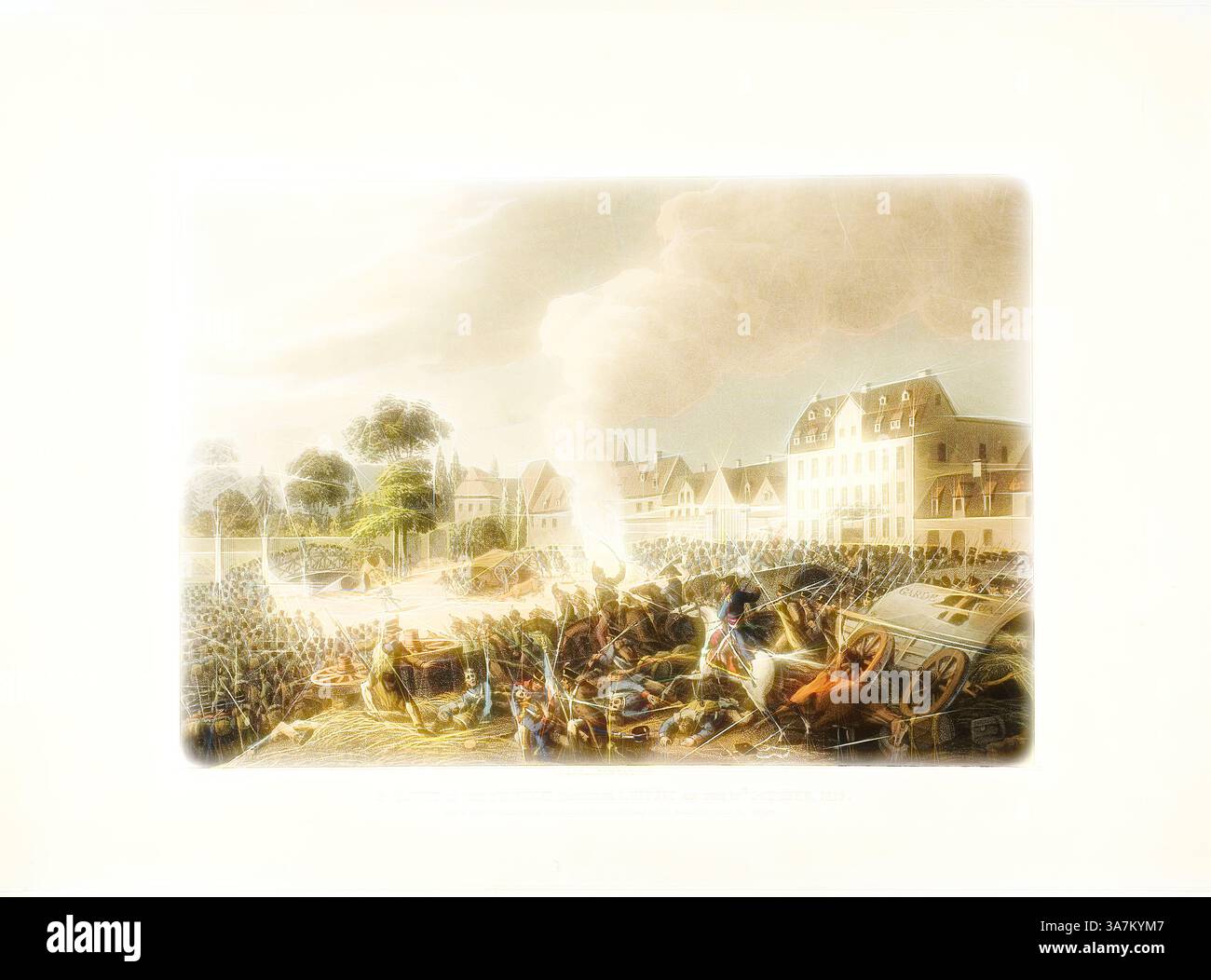 A historical scene depicting a chaotic battlefield, with soldiers ...