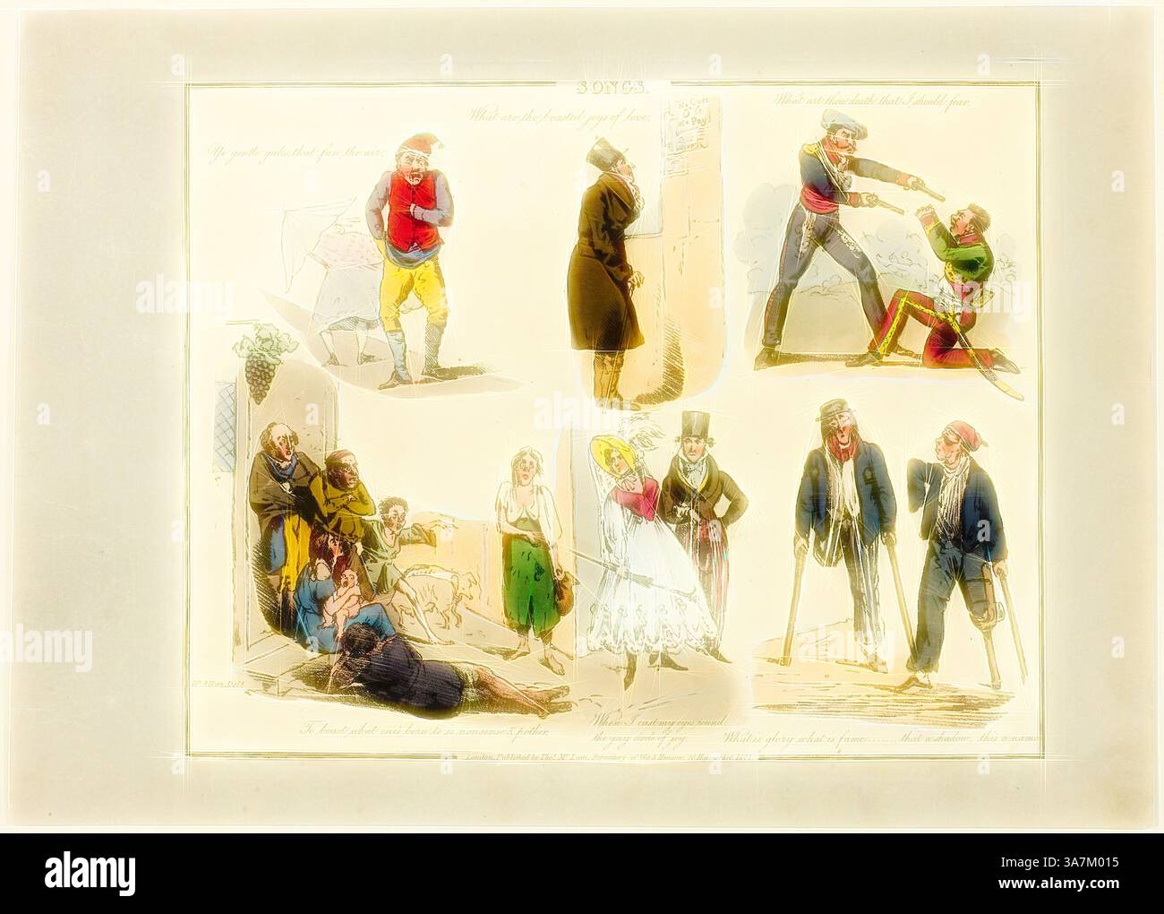 A collection of illustrated scenes depicting various characters in ...