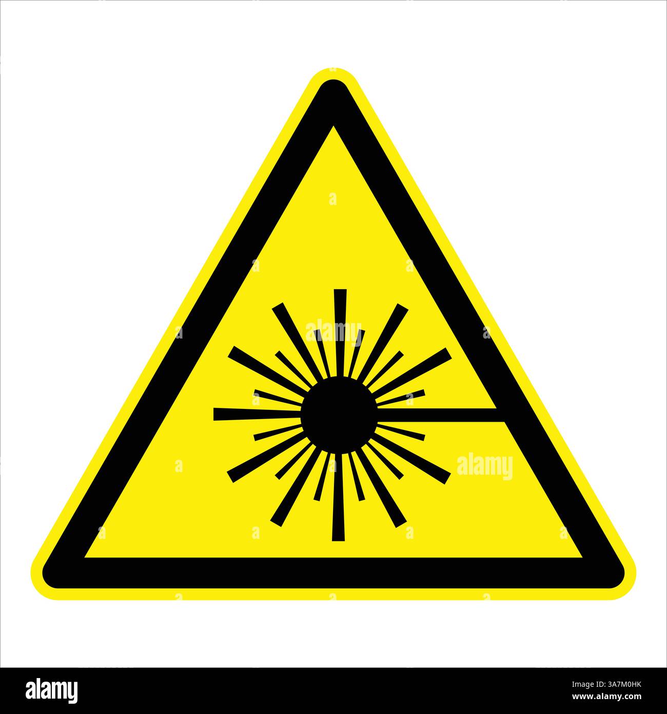Laser beam hazard warning sign, yellow and black triangle with laser ...