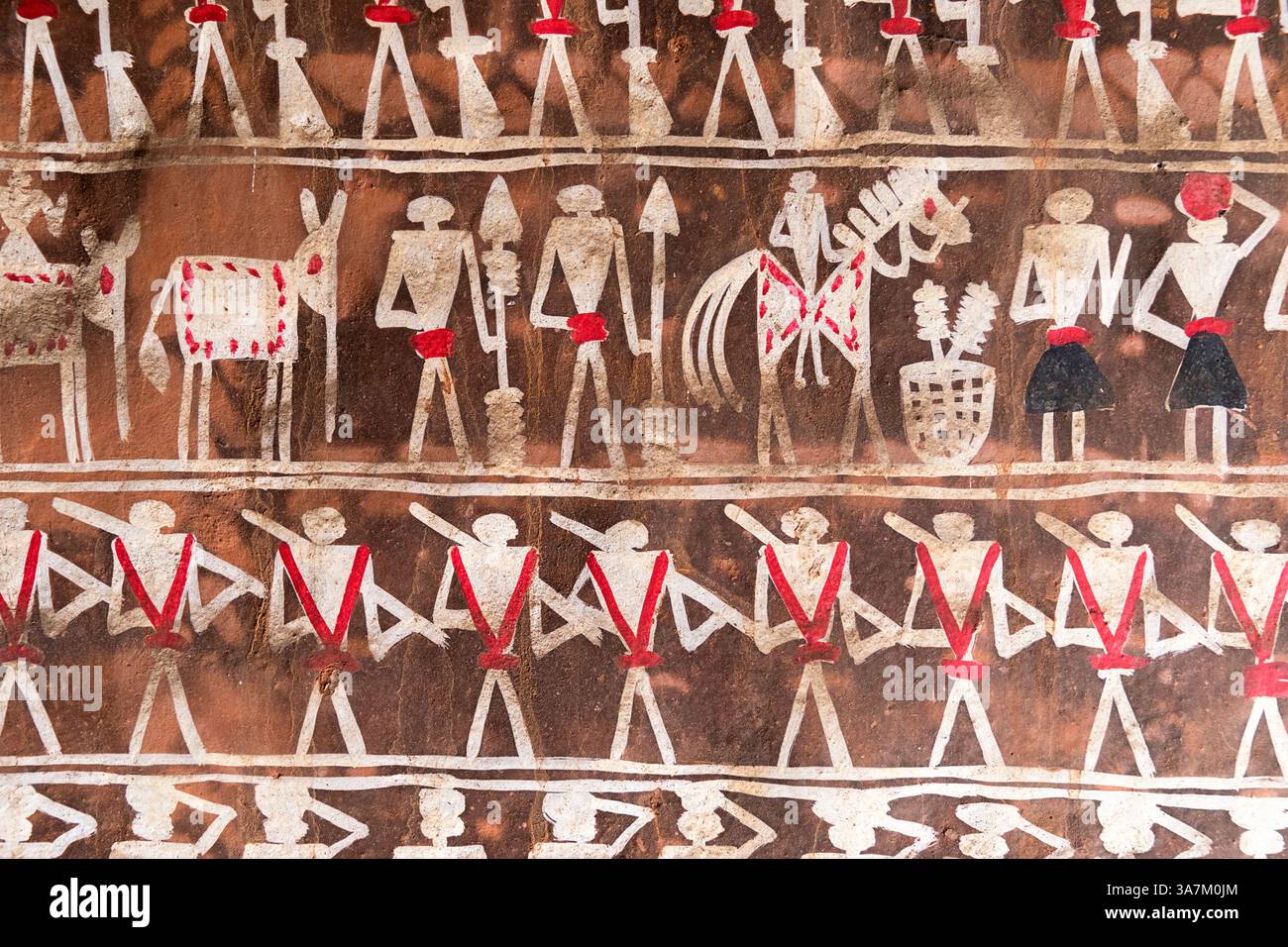 Traditional paintings, drawings on a wall of a mud house from Lanjia ...