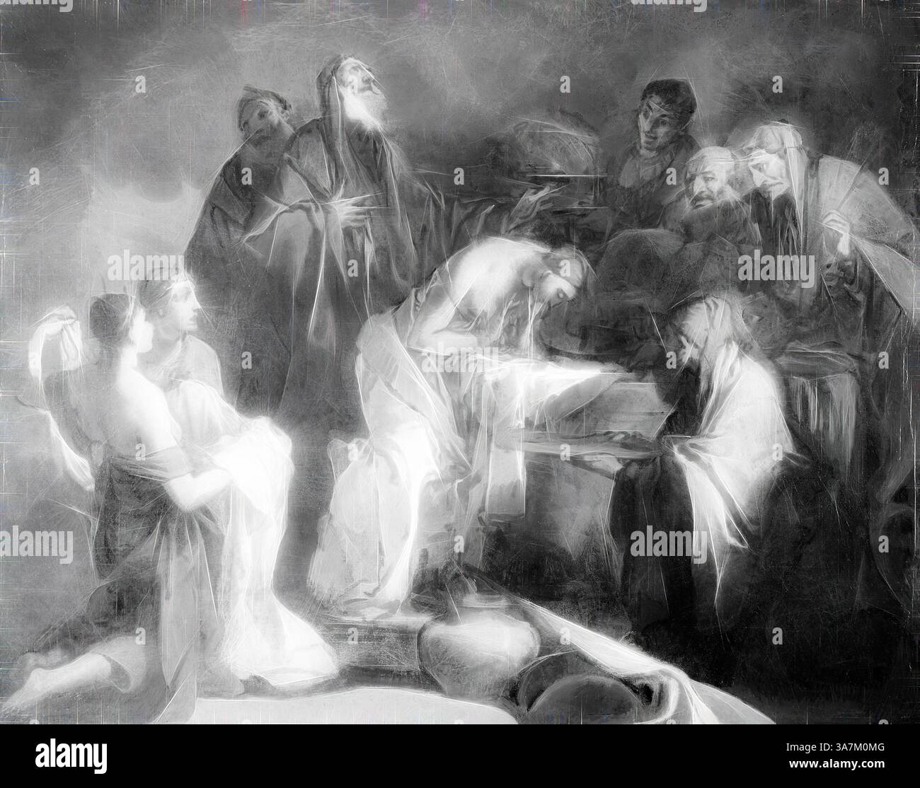 A group of solemn figures surrounds a central scene, where a man is ...