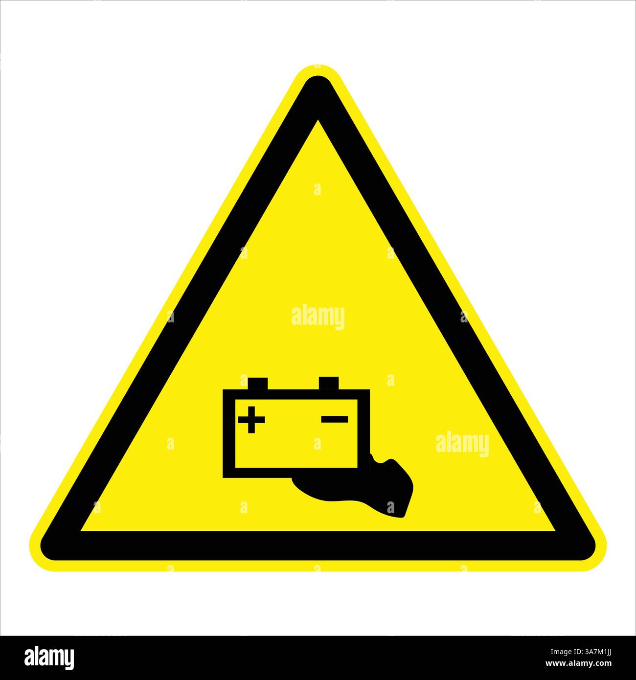 Yellow triangular warning sign depicting leaking battery acid ...