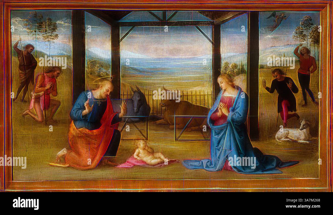 A serene nativity scene depicts Mary and Joseph adoring the infant Jesus, surrounded by awe ...