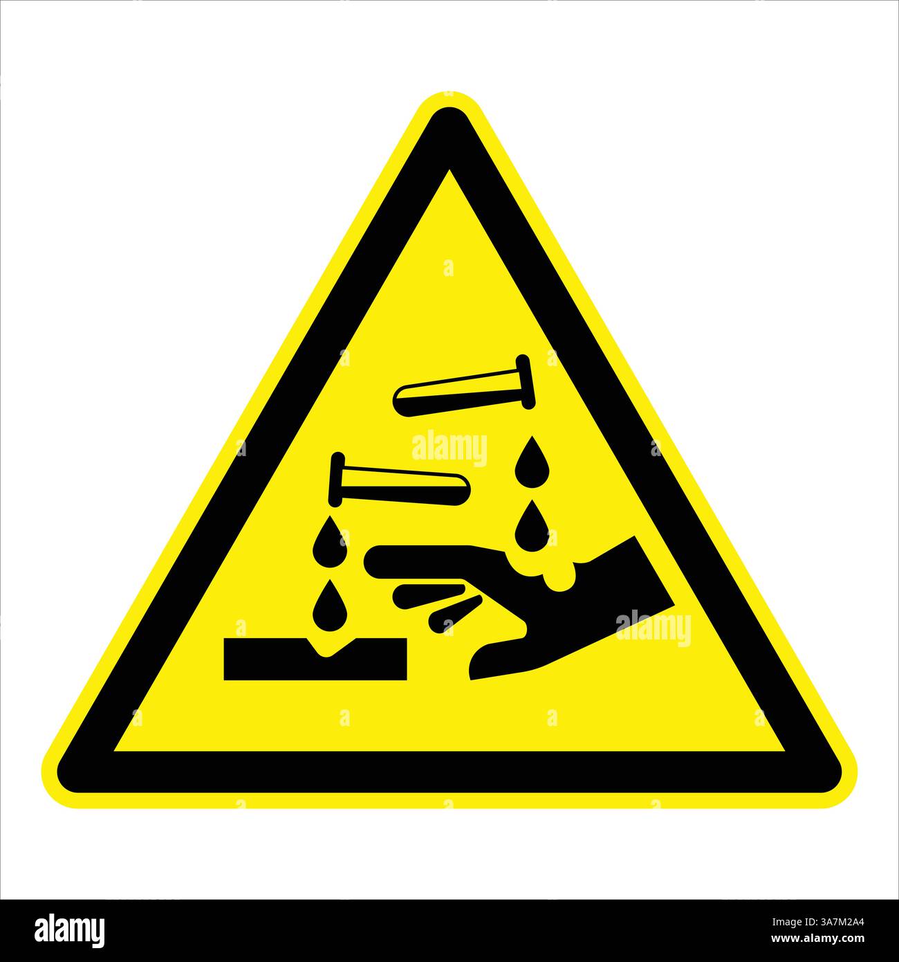 Yellow and black triangular warning sign indicating corrosive material ...