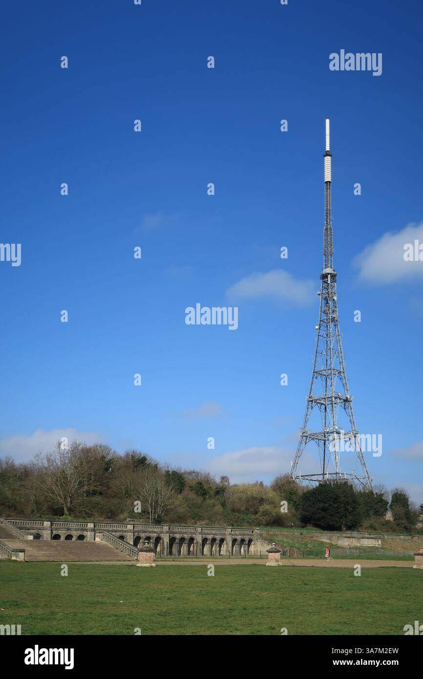 BBC transmission mast behind a Victorian stone colonnade, the remains ...