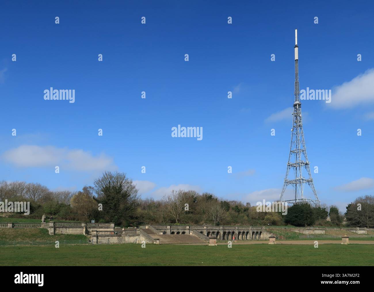 BBC transmission mast behind a Victorian stone colonnade, the remains ...