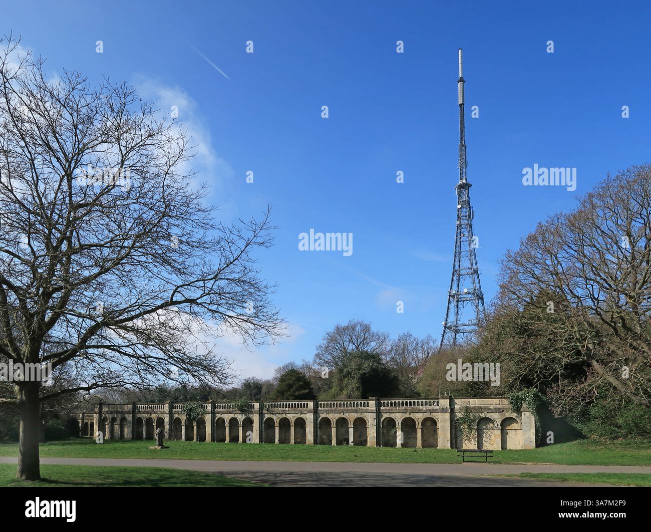 BBC transmission mast behind a Victorian stone colonnade, the remains ...