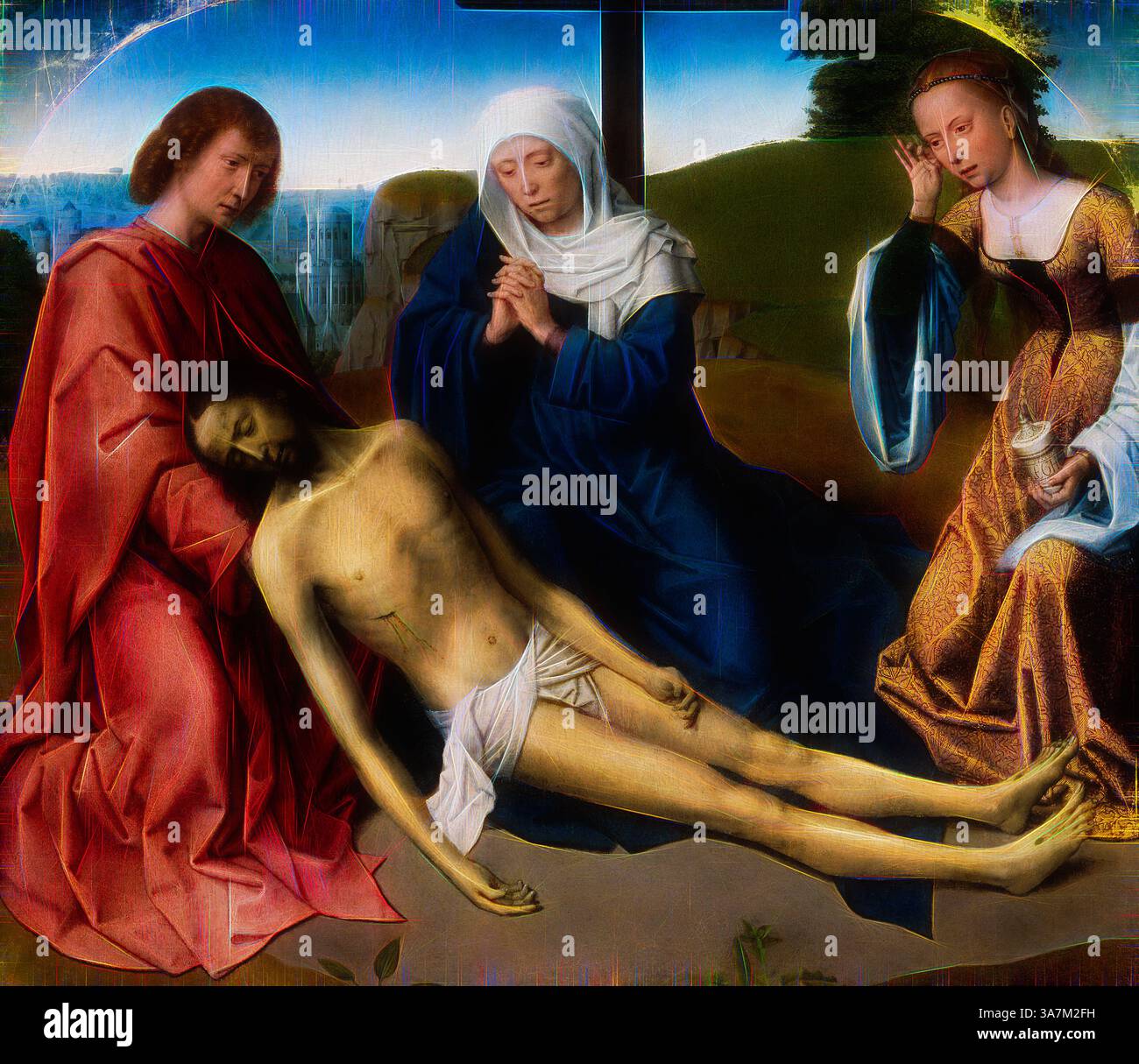 The scene depicts a poignant moment of mourning, featuring four figures ...