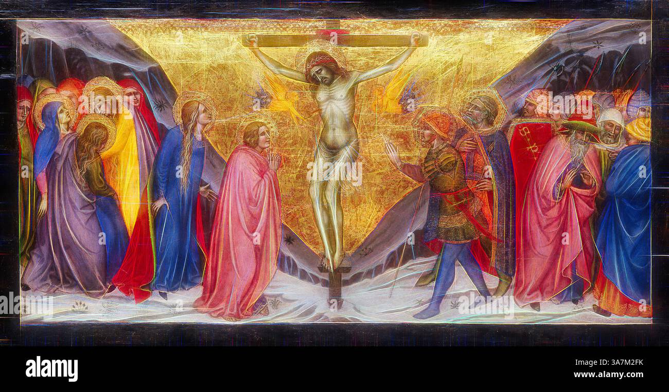 A dramatic scene depicting the crucifixion of Christ, surrounded by a group of figures including ...