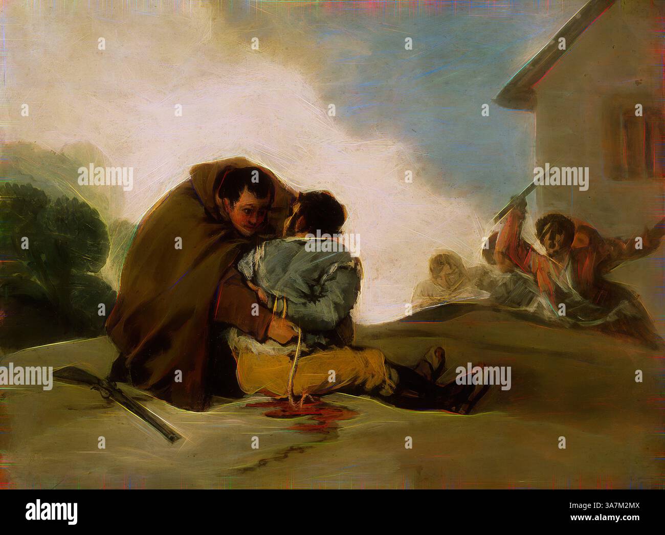 A somber scene depicts a soldier cradling a wounded companion ...