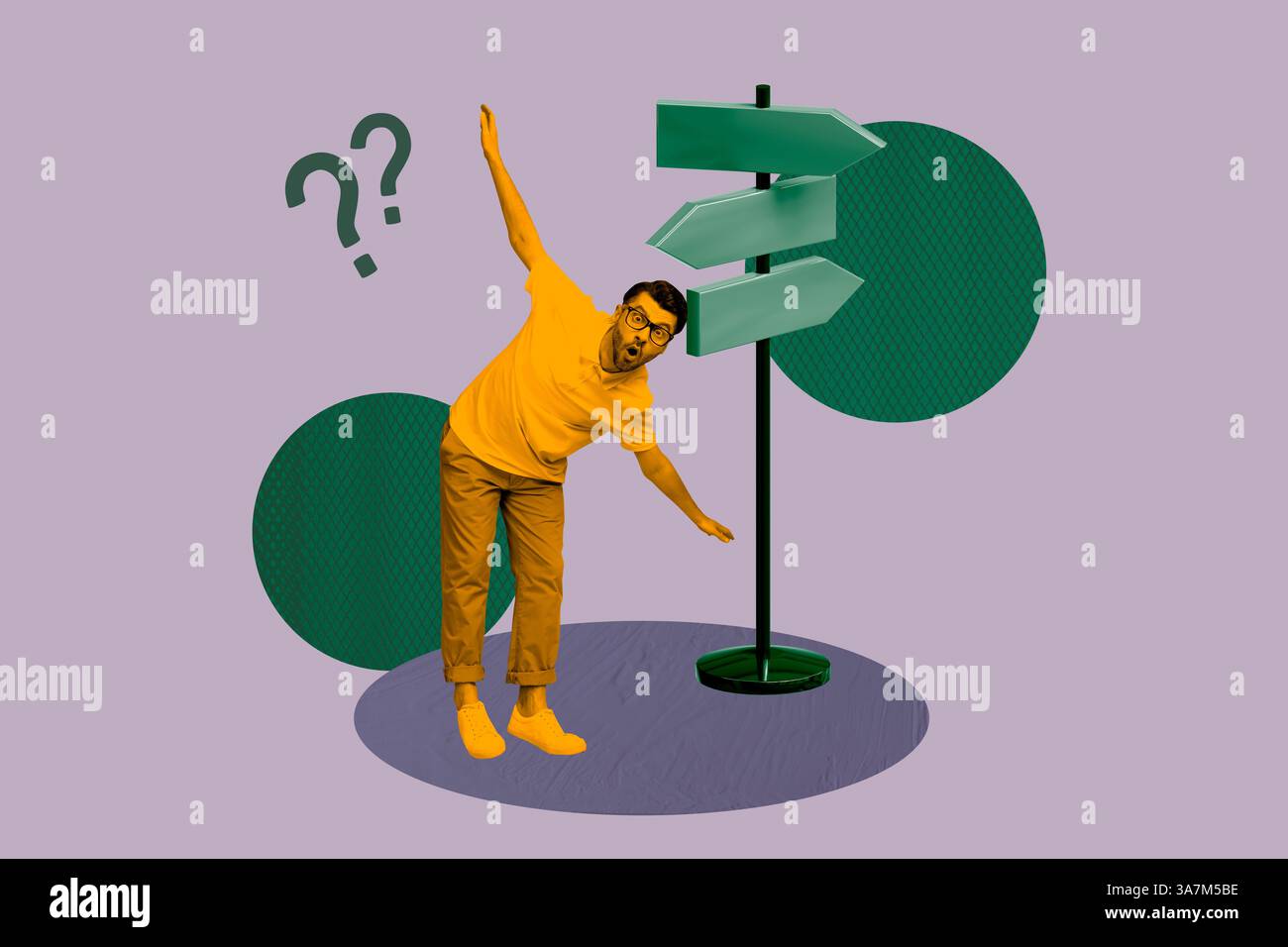 Contemporary artwork collage of shocked guy stand road sign pointer ...