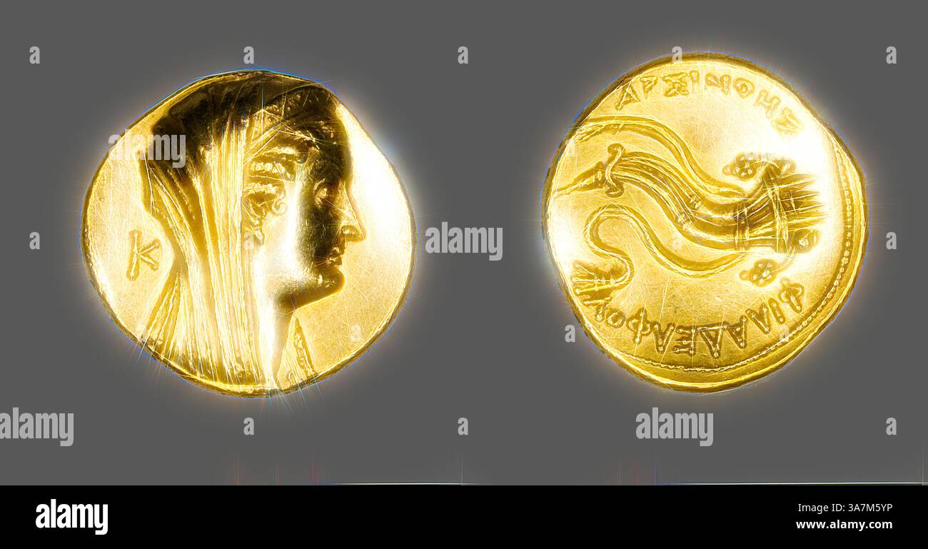 An ancient coin featuring a profile of a female figure on one side ...