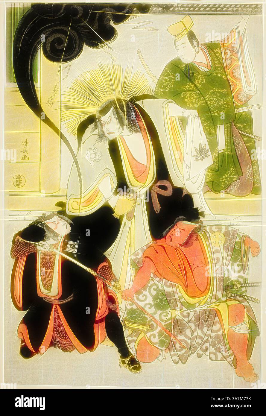 A dynamic scene depicting a historical moment with three figures ...