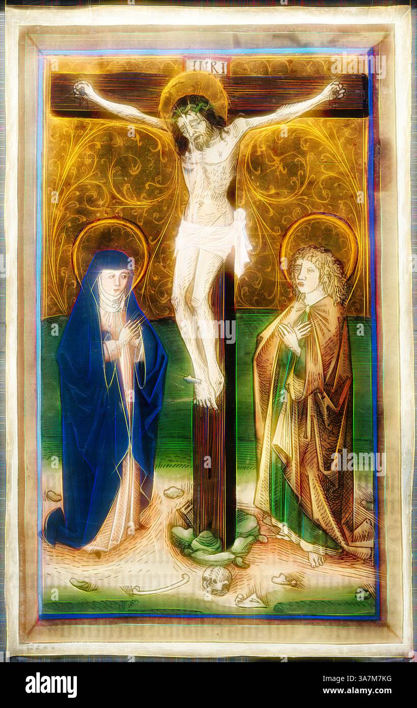A depiction of the crucifixion of Christ, featuring Him on the cross flanked by the Virgin Mary ...
