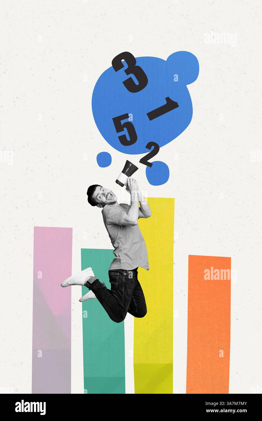 Poster photo vertical collage of excited man jump chart colorful ...