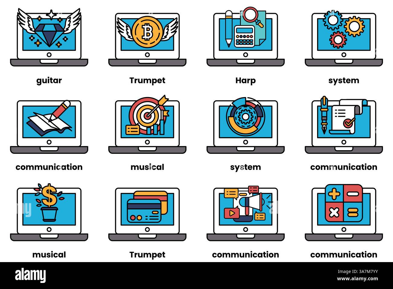 A Set of illustrations in the concept of laptops and things in line art ...