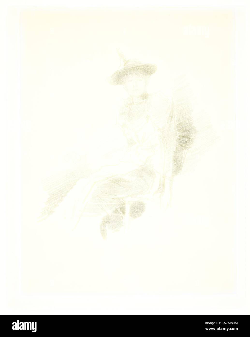 A figure dressed in light attire, wearing a wide-brimmed hat, sits ...