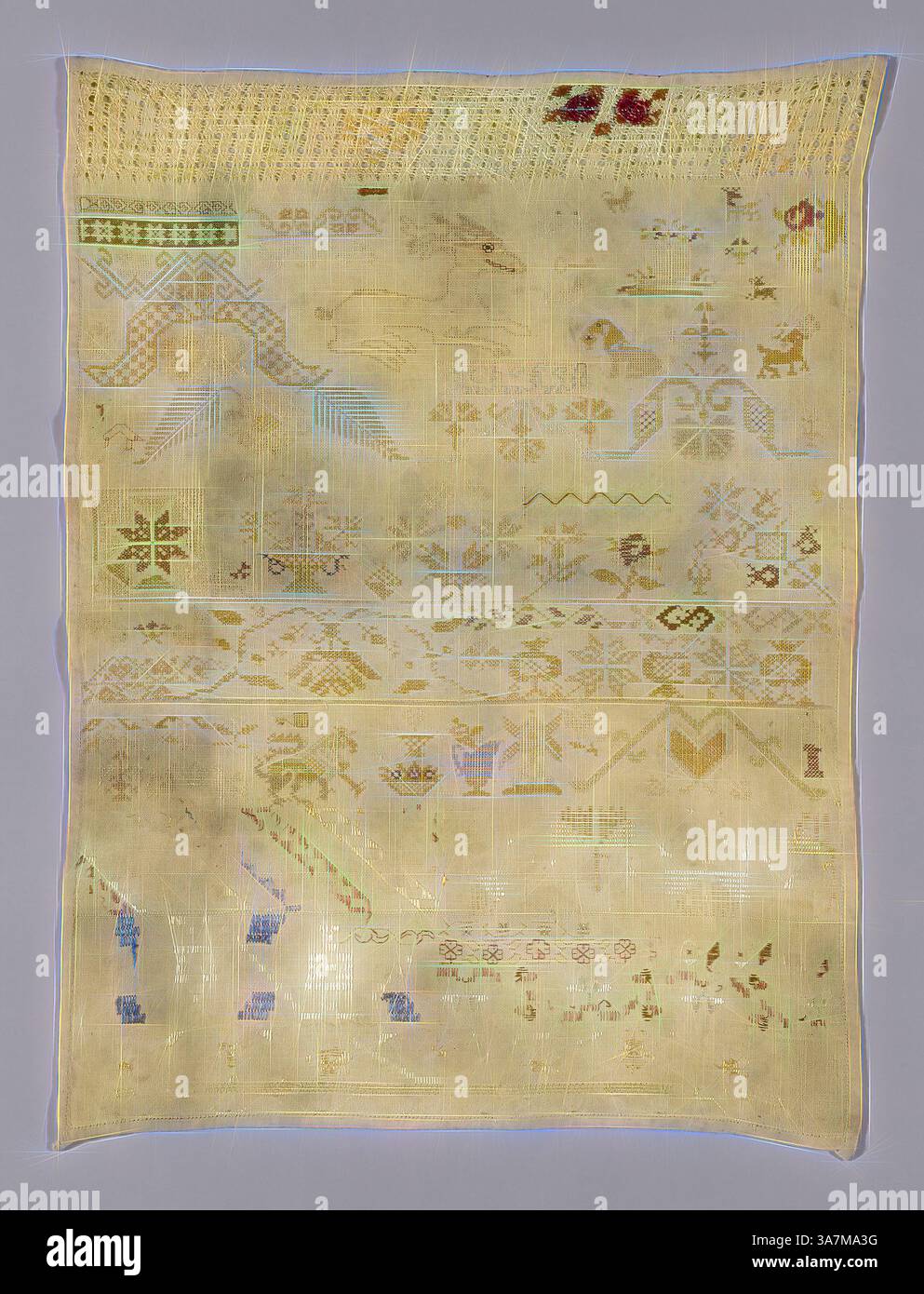 An intricate textile featuring a variety of geometric patterns and ...