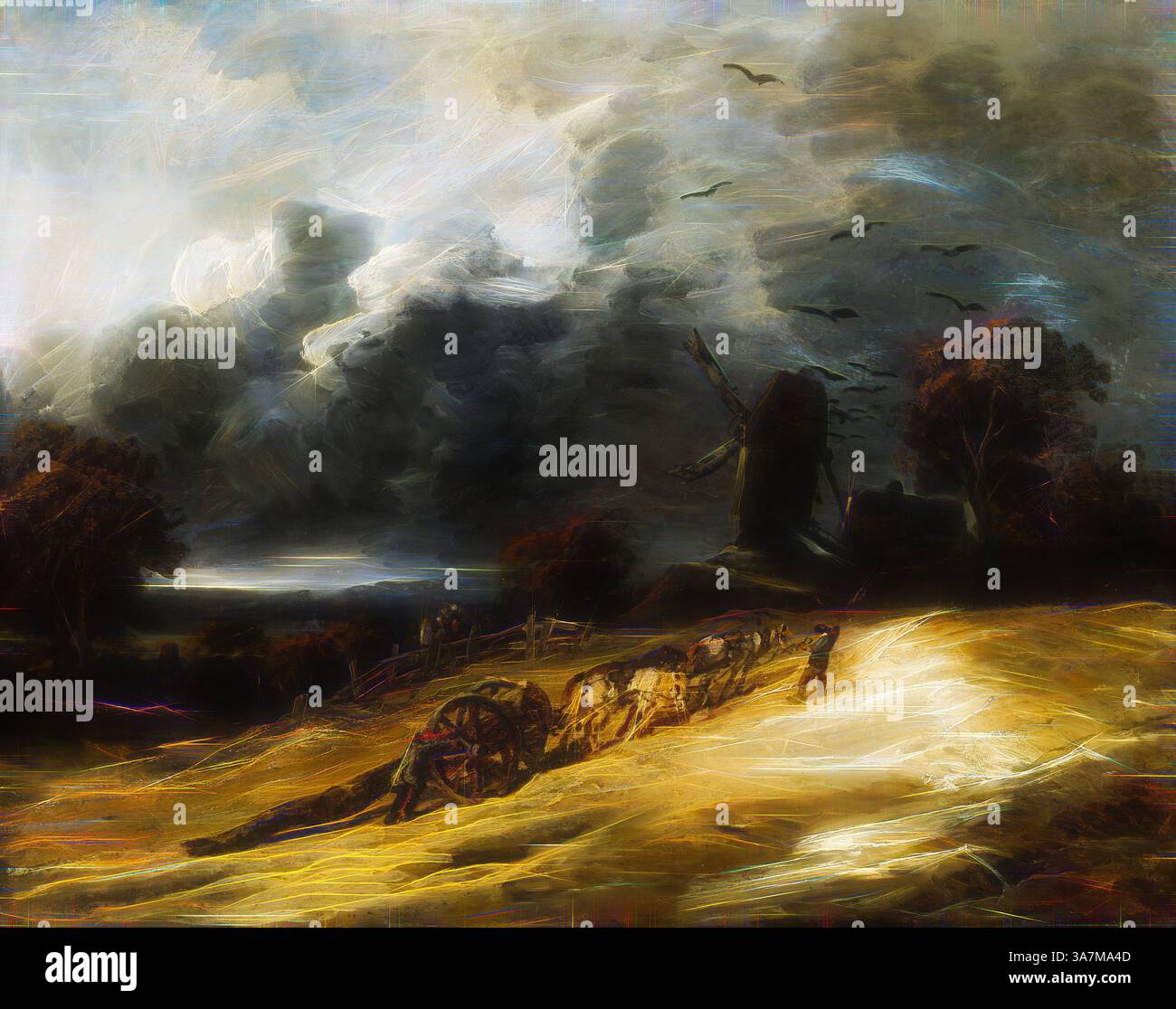 A dramatic landscape features a historical scene with a team of horses ...