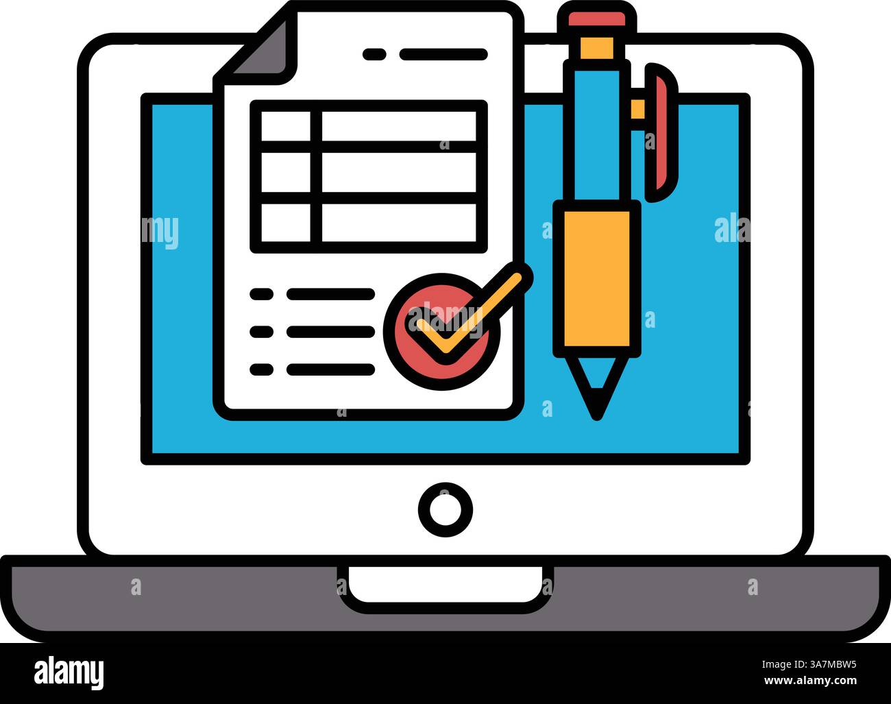 A laptop screen with a check mark on a piece of paper and a pen ...