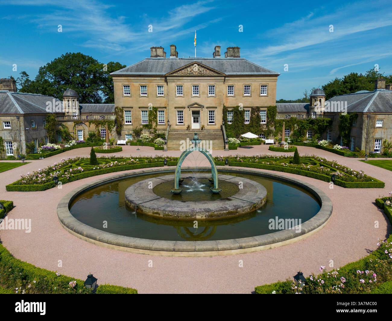 Frontage of Dumfries House with the Pergola fountain, a sculpture by ...