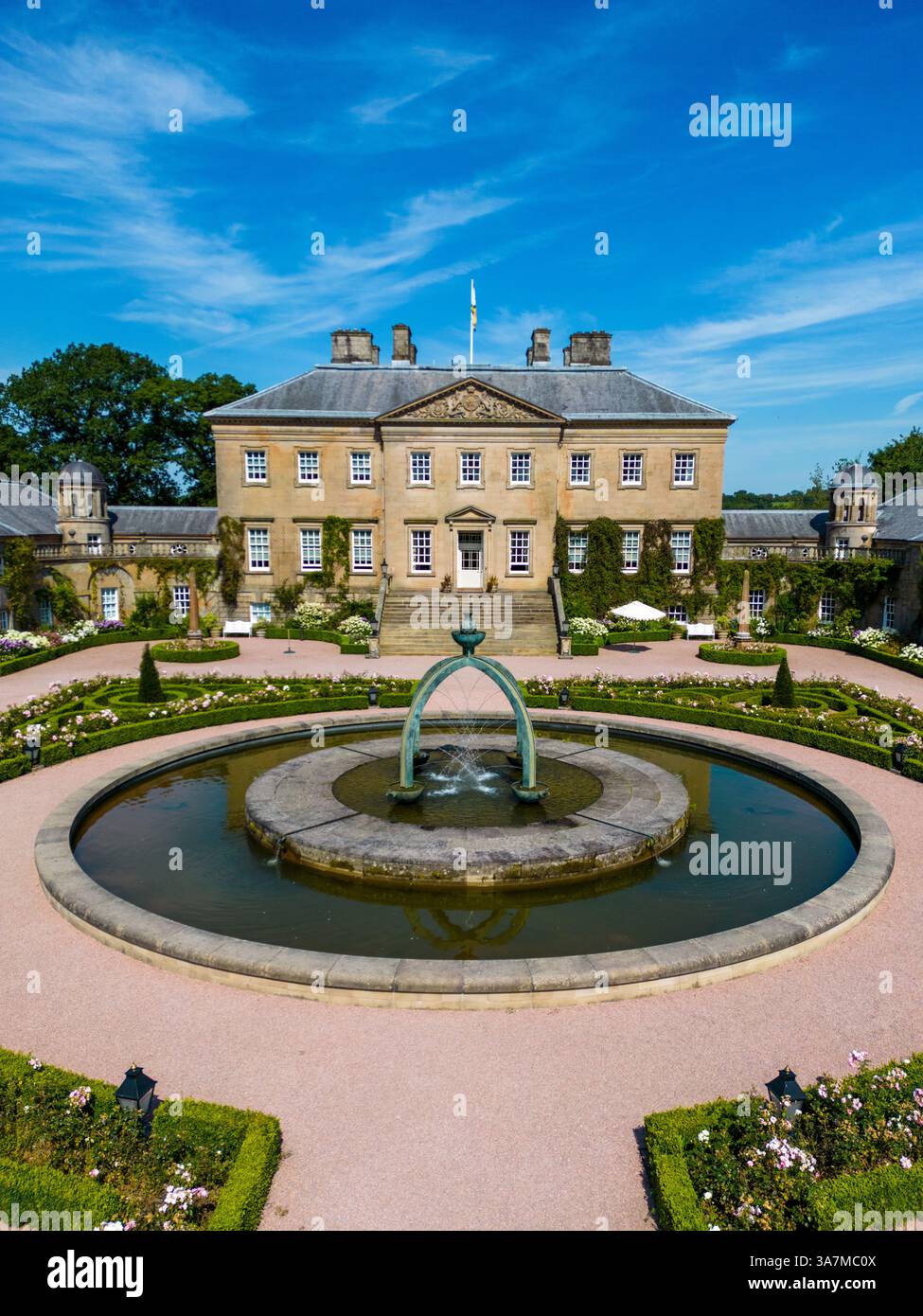 Frontage of Dumfries House with the Pergola fountain, a sculpture by ...