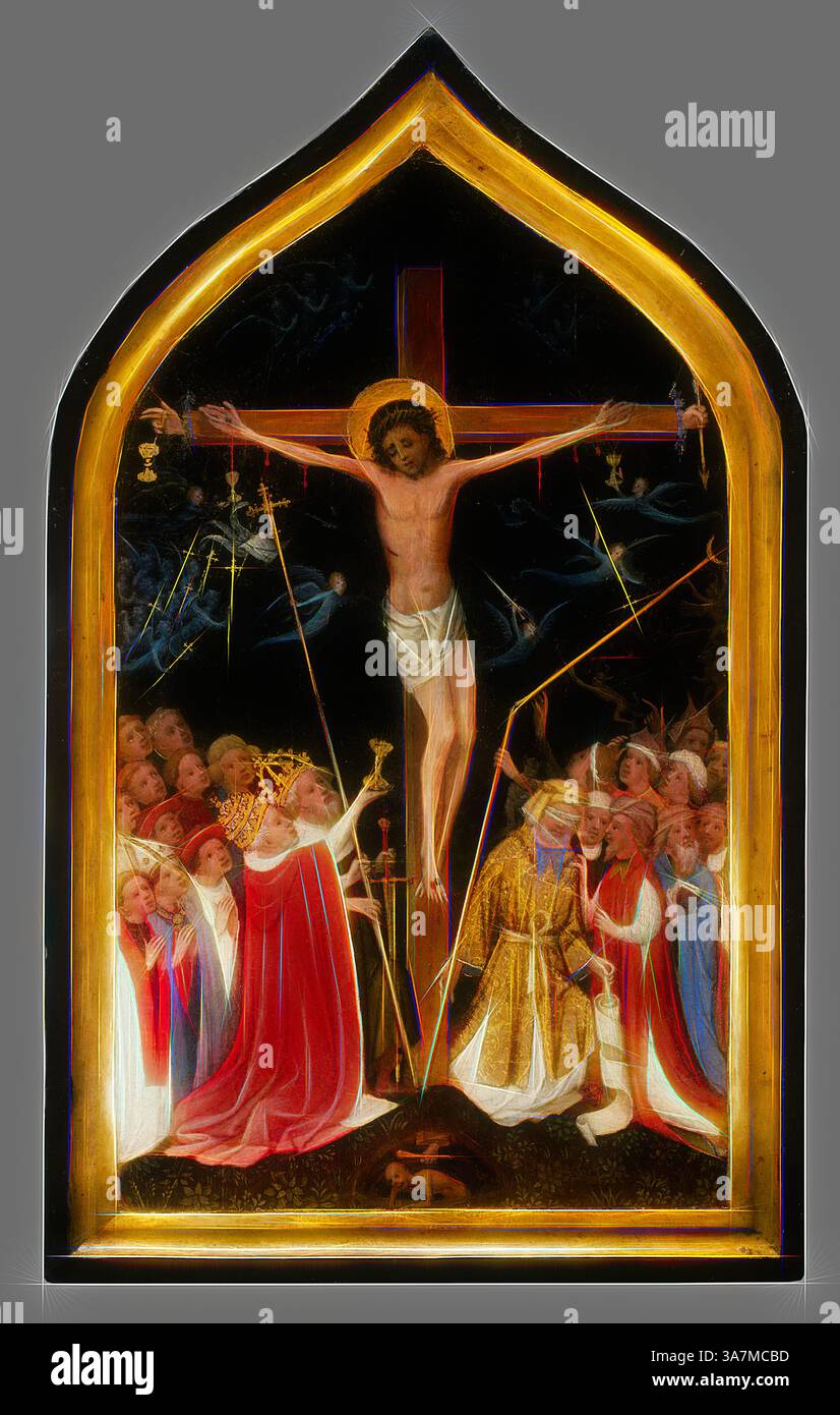A depiction of Christ on the cross, surrounded by a diverse assembly of ...
