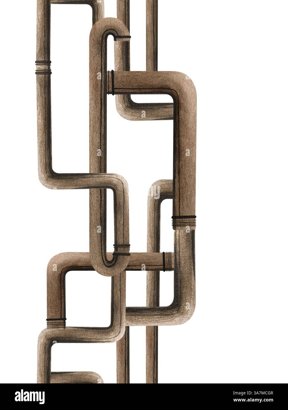 Interlocking copper pipes plumbing pipeline with connectors seamless vertical border isolated on ...