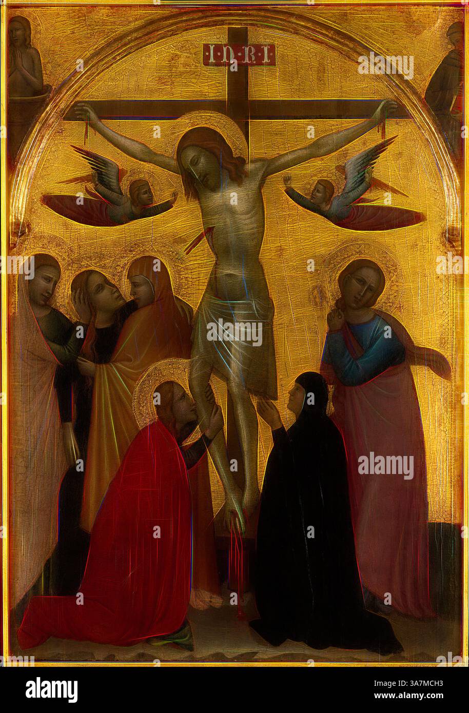 A dramatic depiction of the crucifixion of Christ, surrounded by mourning figures, angels, and ...
