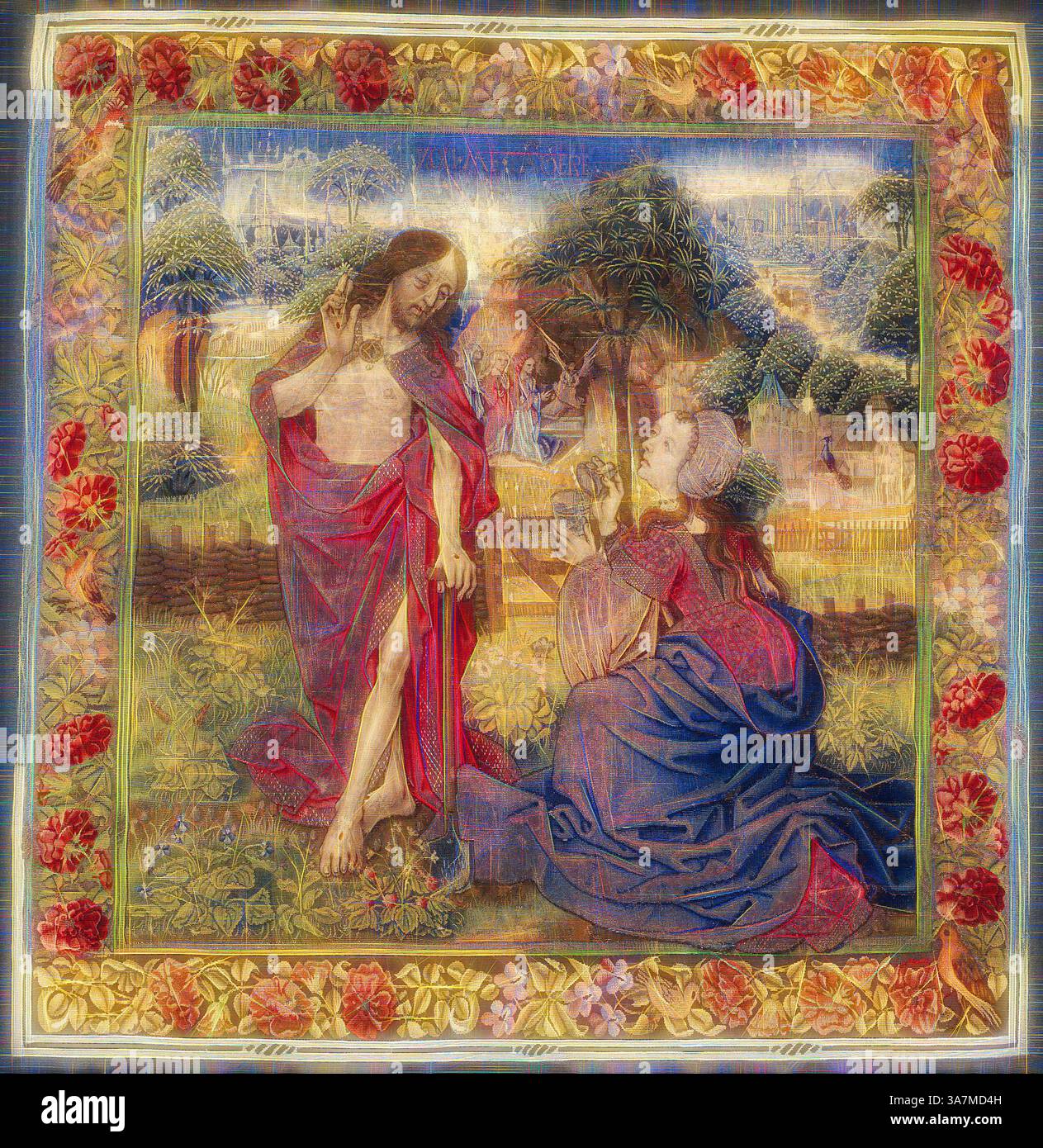 A serene scene depicting Jesus appearing to a woman, surrounded by lush ...