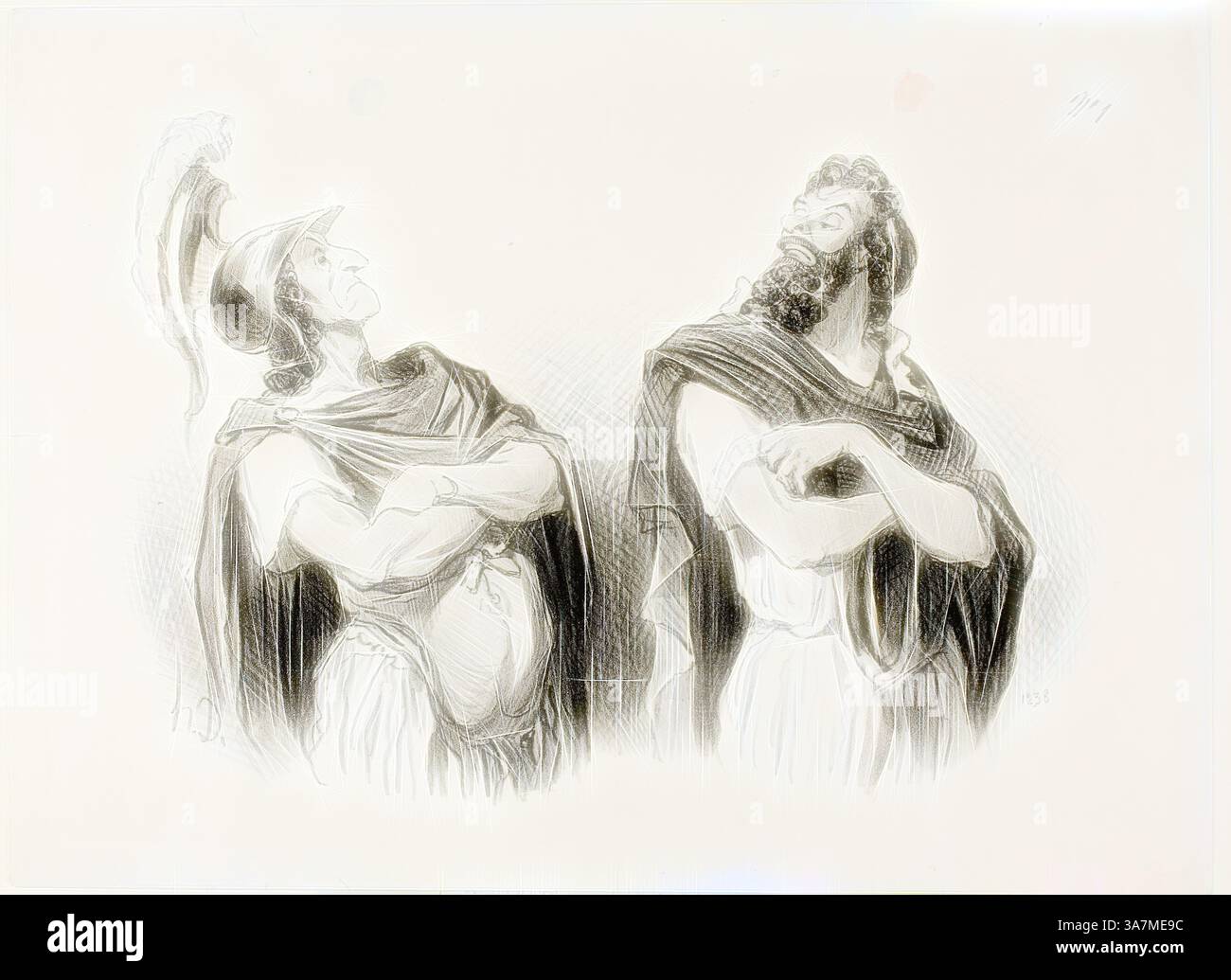 A skilled depiction of two classical figures, one adorned in a helmet ...