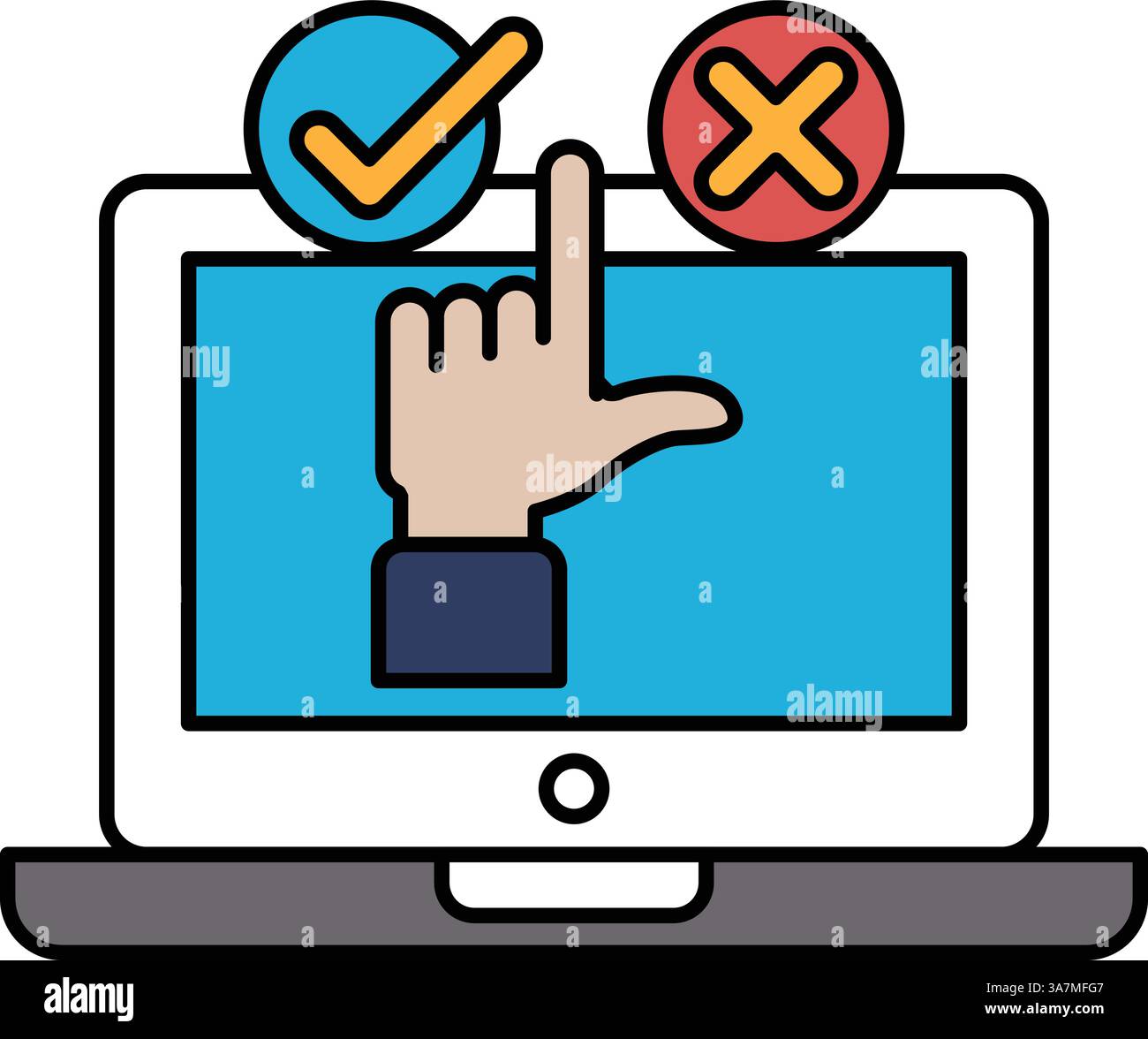 A hand is pointing to a check mark and an X on a computer screen. The ...