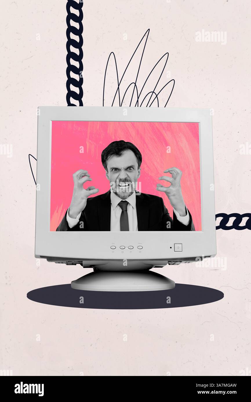 Exclusive image vertical collage of angry businessman inside pc monitor ...