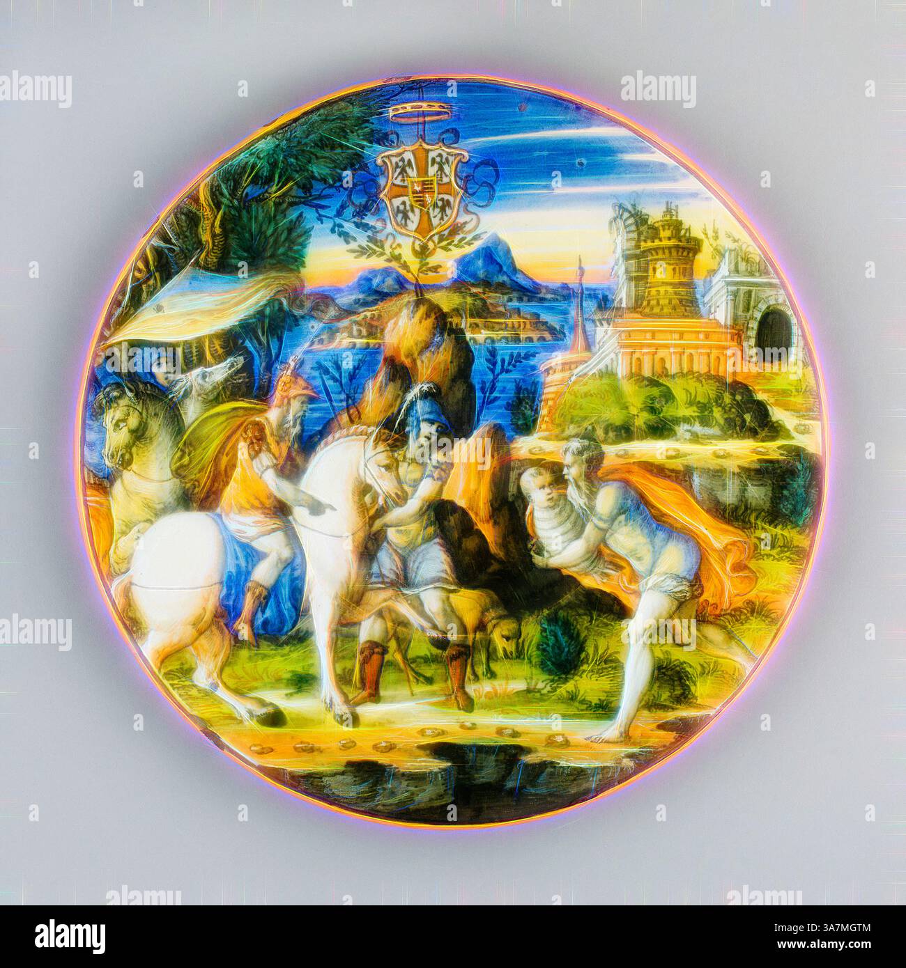 A vibrant plate depicting a historical scene, featuring armored figures ...