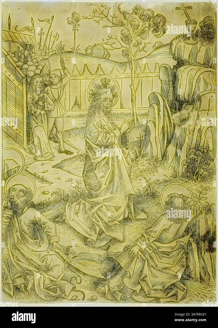 A serene scene depicting a central figure with a halo, surrounded by ...