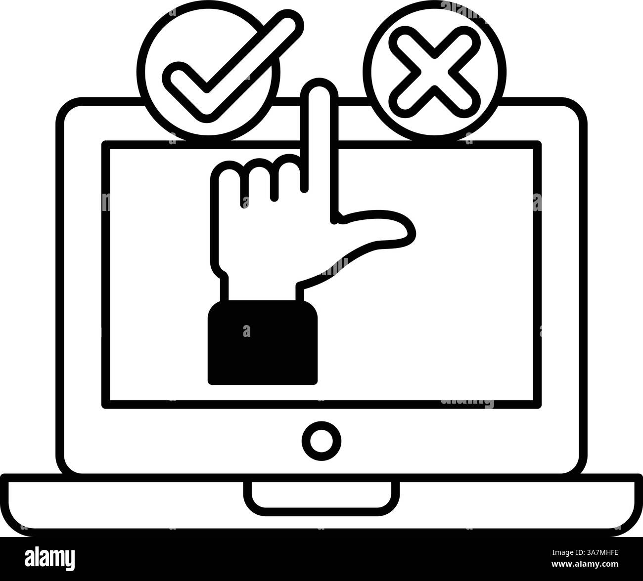 A black and white image of a hand pointing to a check mark and an X ...