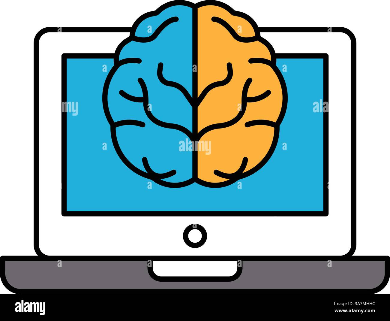 A computer monitor with a brain on it. The brain is split into two ...