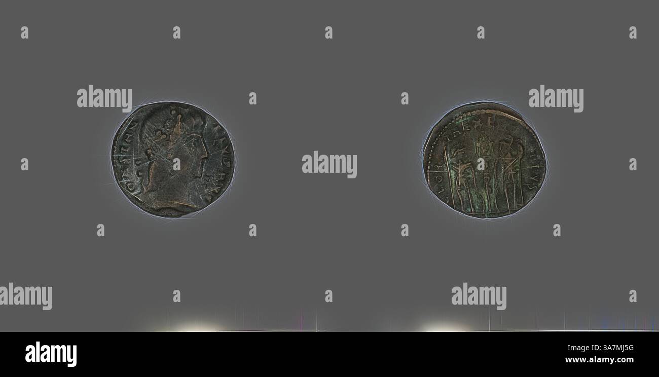 A detailed view of an ancient coin, featuring intricate designs on both ...