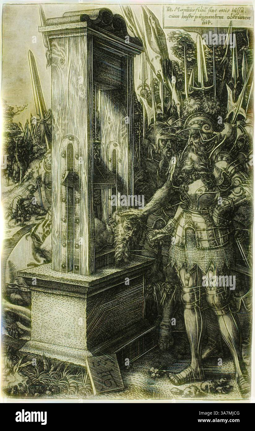 A heavily armored figure stands beside a stark, imposing guillotine ...