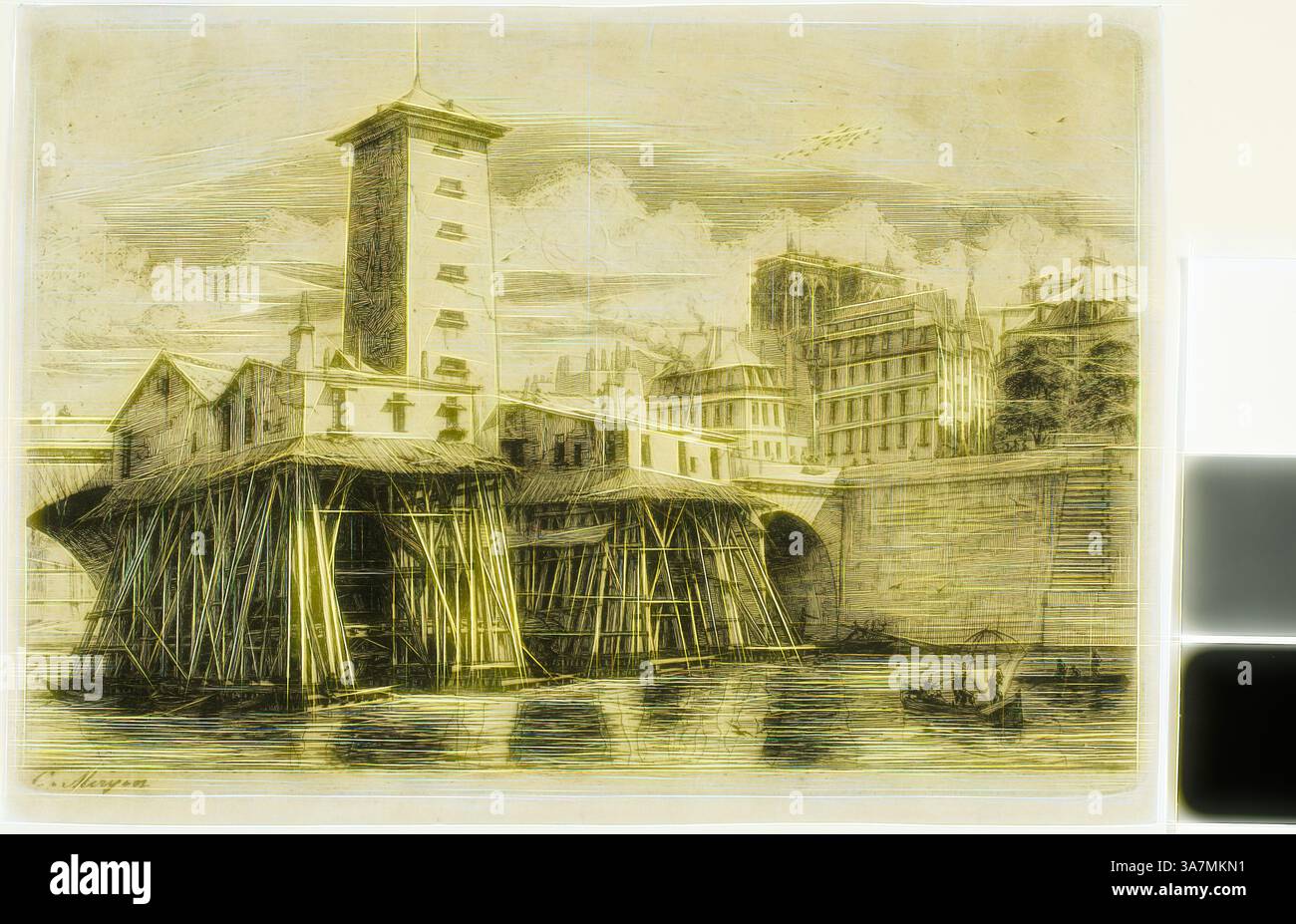 A detailed illustration of a riverside structure supported by tall ...