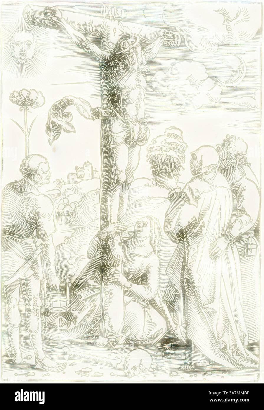 The scene depicts the crucifixion of Jesus, with three figures surrounding the base of the cross ...