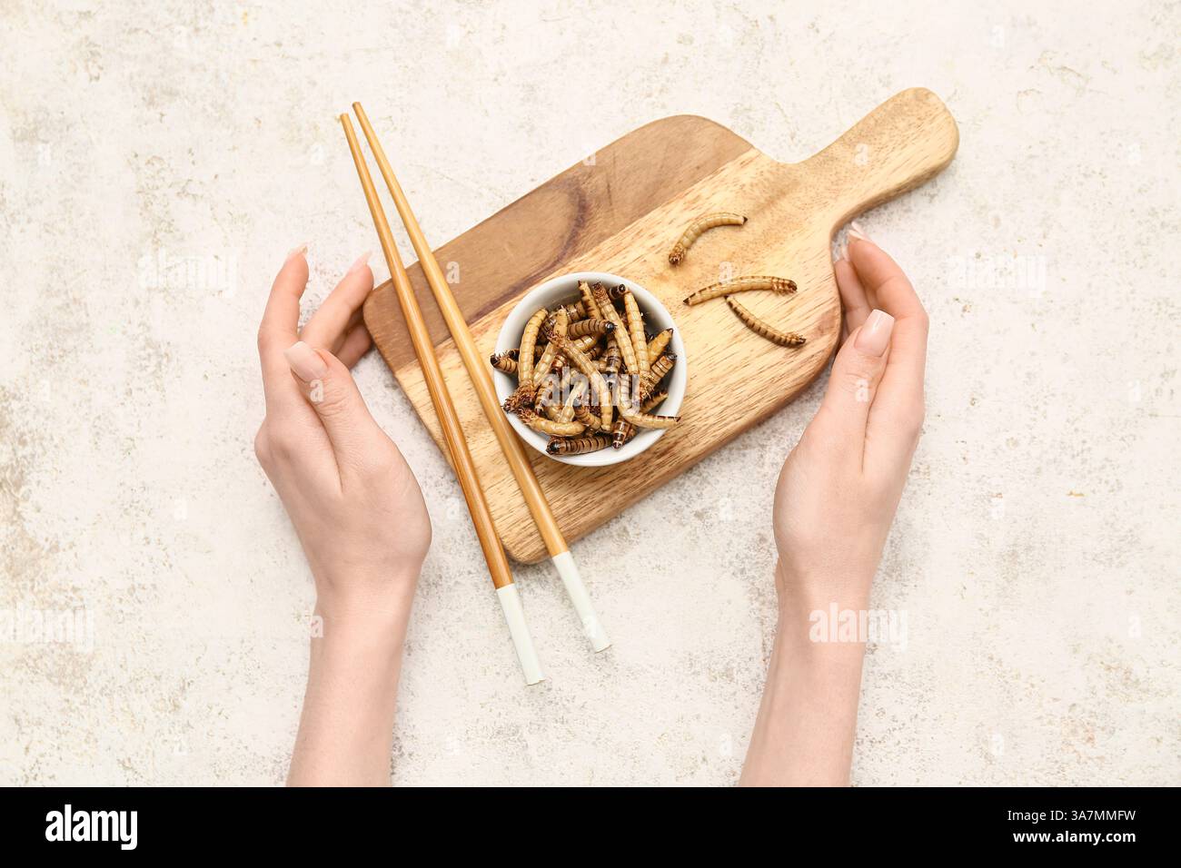 Female hands with chopsticks and bowl of fried maggots on white ...
