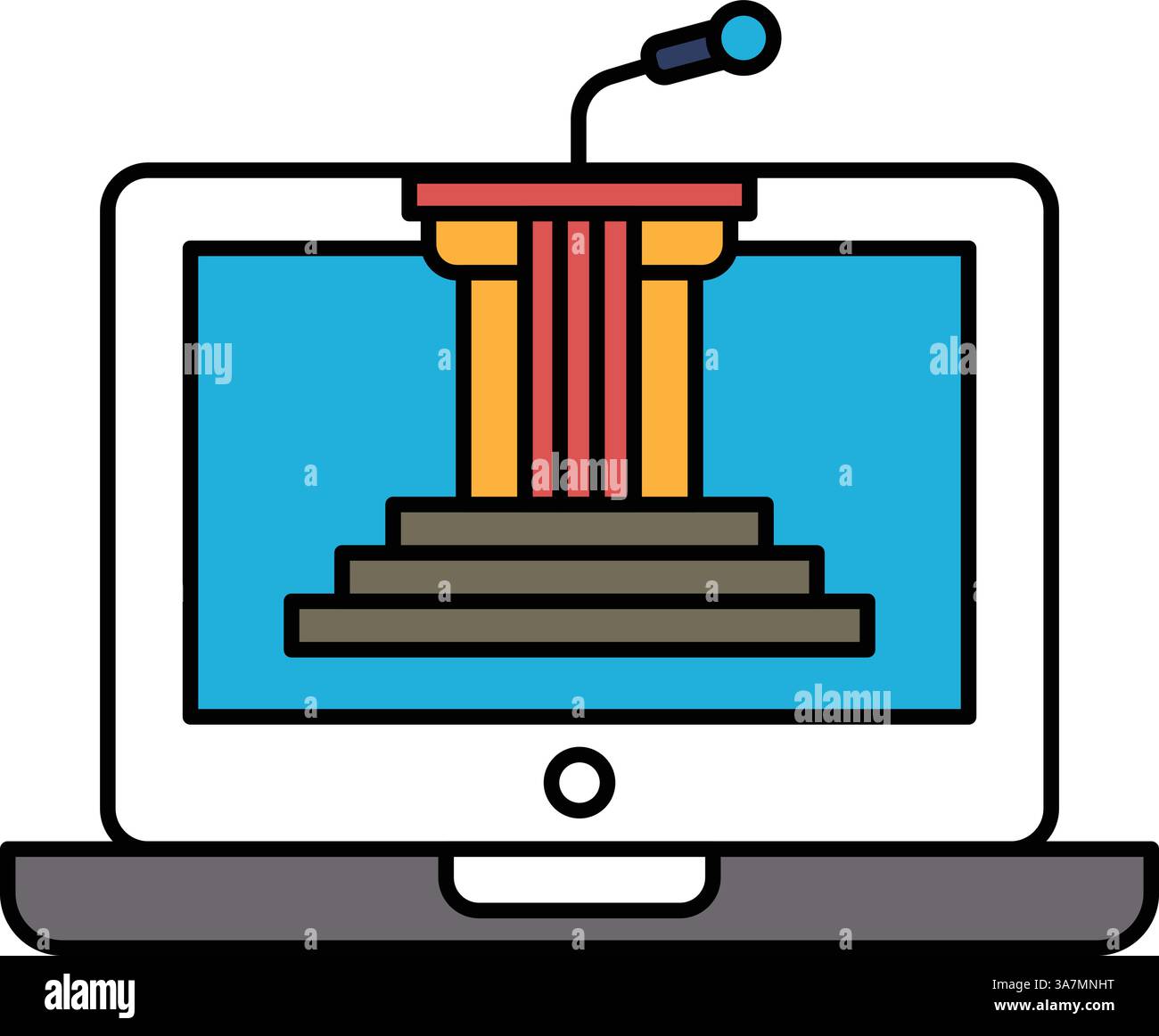 A laptop screen shows a podium with a microphone on it. The podium is ...