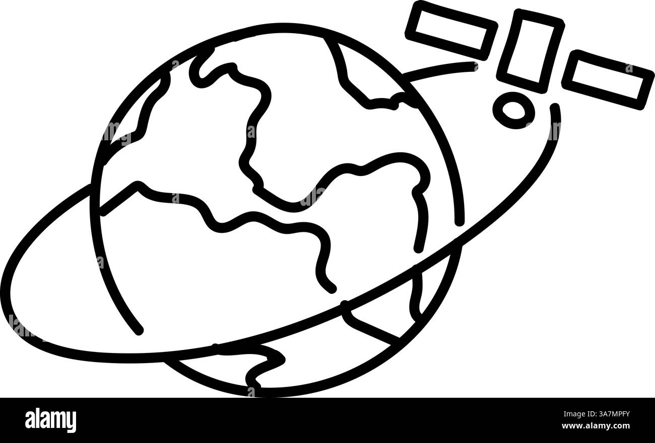 Satellite orbiting earth icon. Hand drawn vector illustration. Editable line stroke Stock Vector ...
