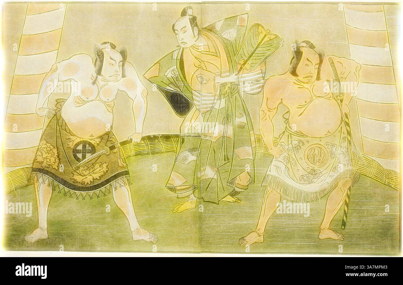 Three sumo wrestlers are depicted in a dynamic pose, showcasing their ...