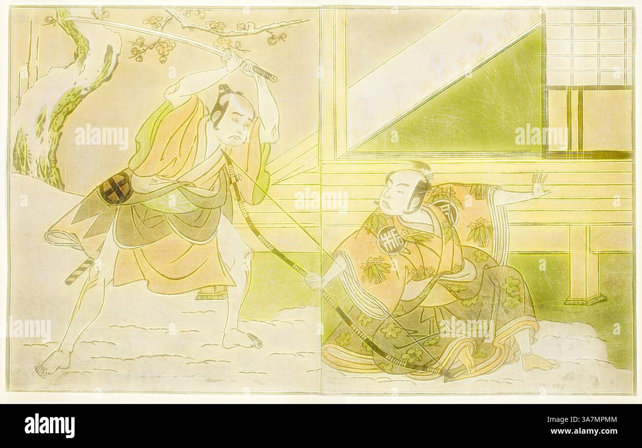 A historical scene depicting two figures engaged in a tense standoff ...