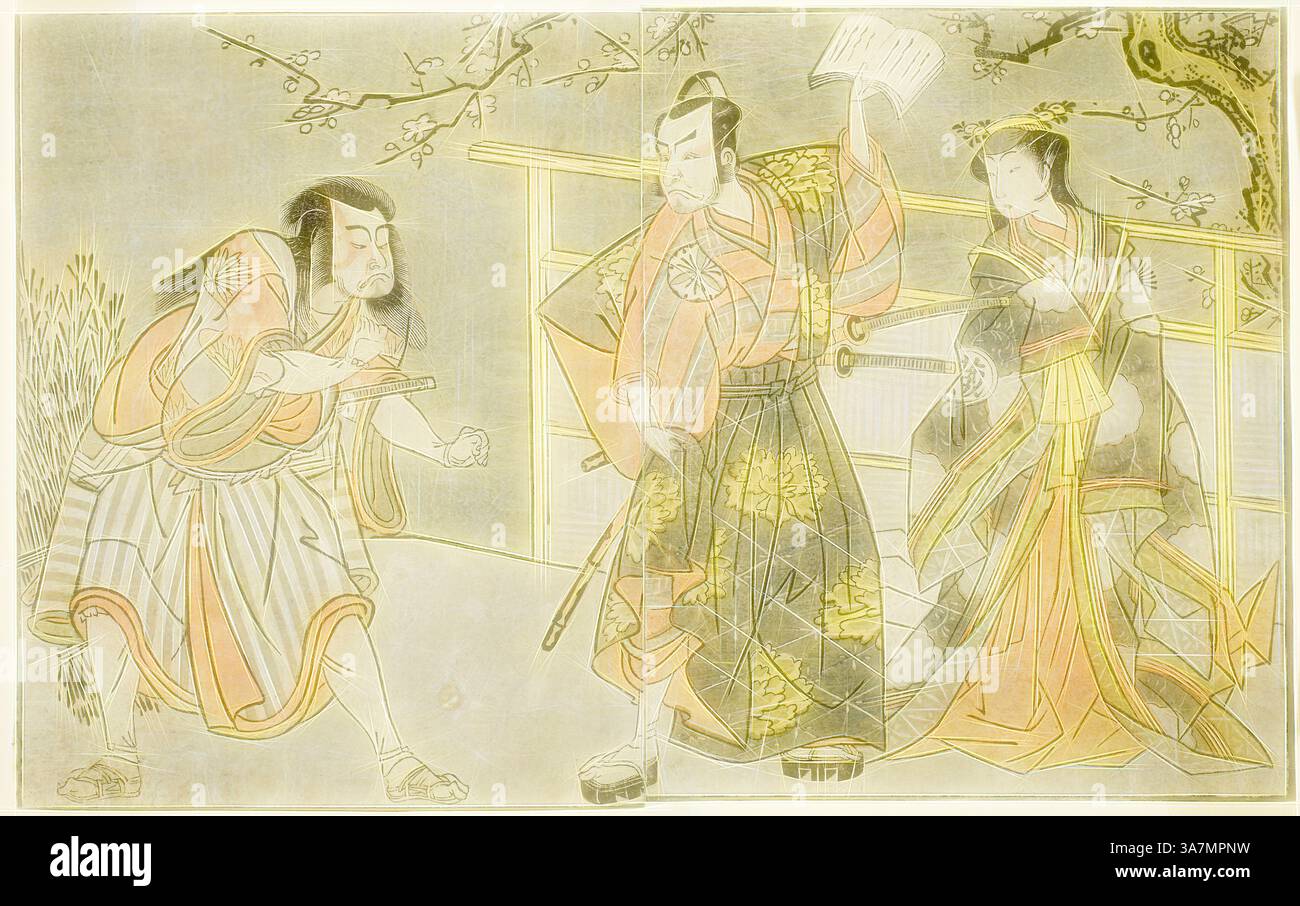A dramatic scene featuring three figures in traditional attire, set in ...